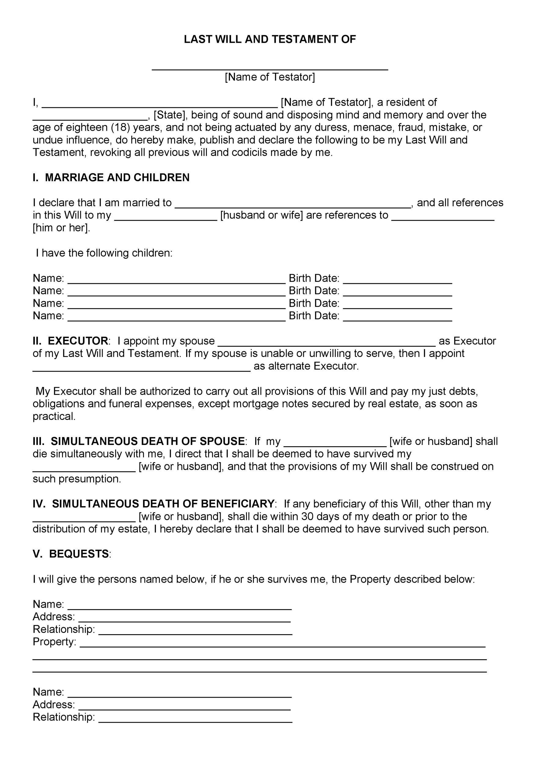 Last Will And Testament Printable Form Printable Forms Free Online