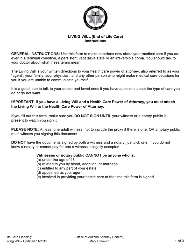 State Of Az Living Will Form - Living Will Forms Free Printable