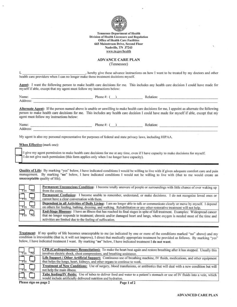 Download Tennessee Living Will Form Advance Directive Living Will 