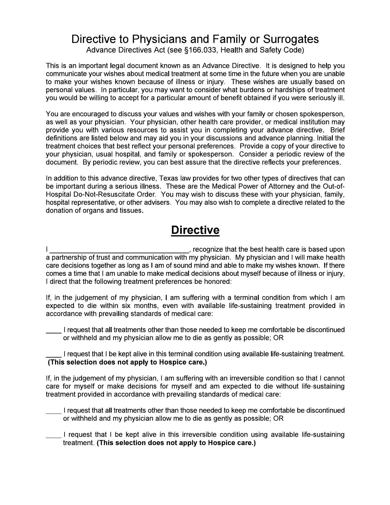 Download Texas Living Will Form Advance Directive PDF Living Will 