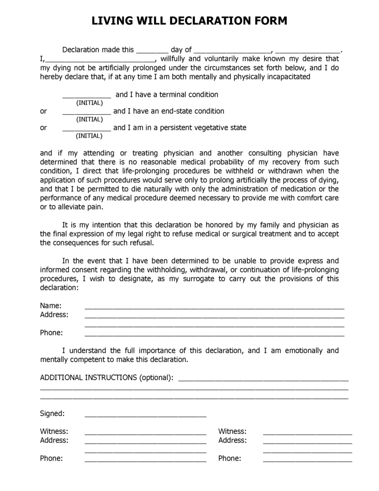 Free Printable Living Will Forms Florida Printable Forms Free Online