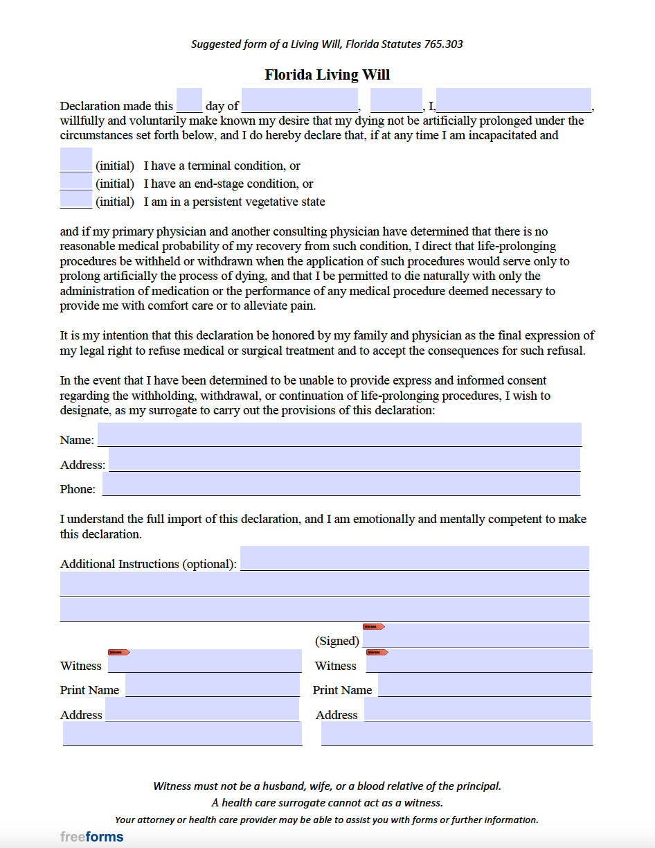 Free Printable Living Will Form Florida Printable Forms Free Online